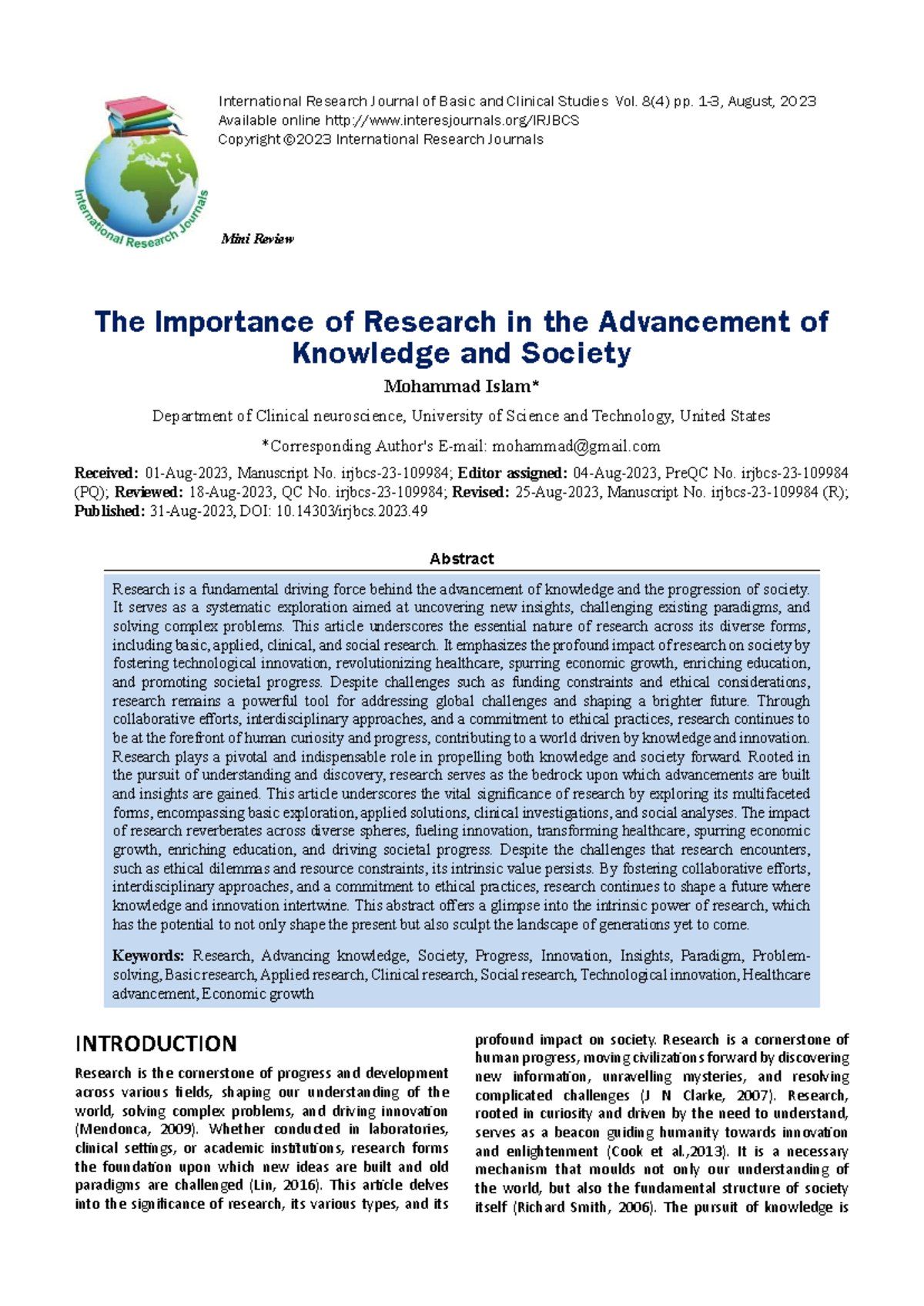 The Importance of Research in Advancing Knowledge and Society: A Mini ...