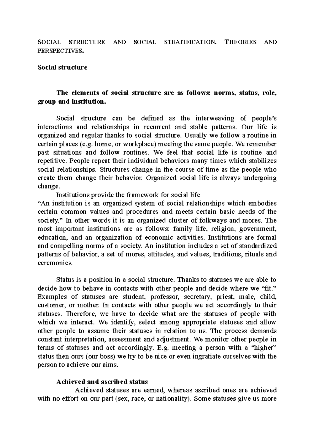 Social structure and social stratification - SOCIAL STRUCTURE AND ...