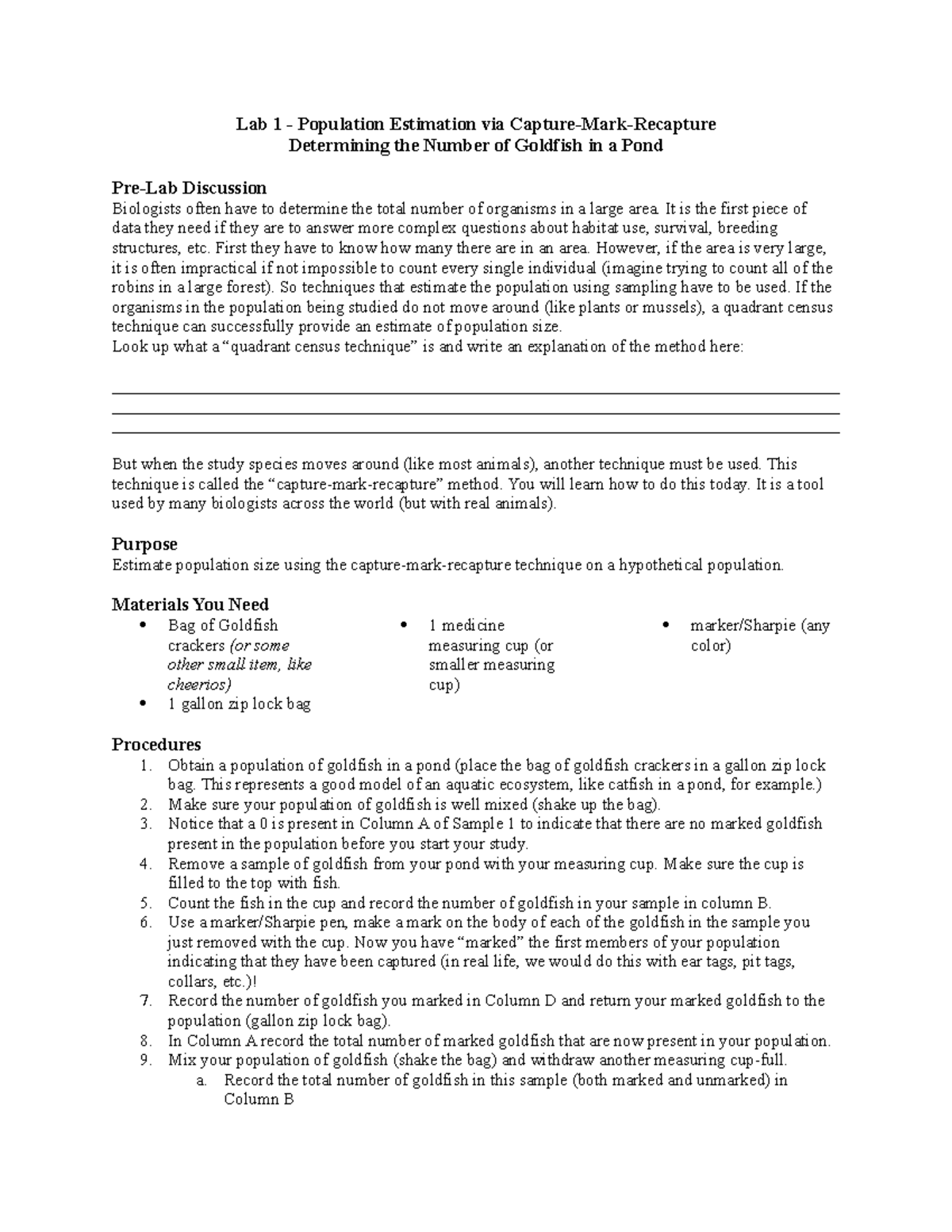 EN 100 Lab 1 - Goldfish Population Estimation via Capture-Mark ...