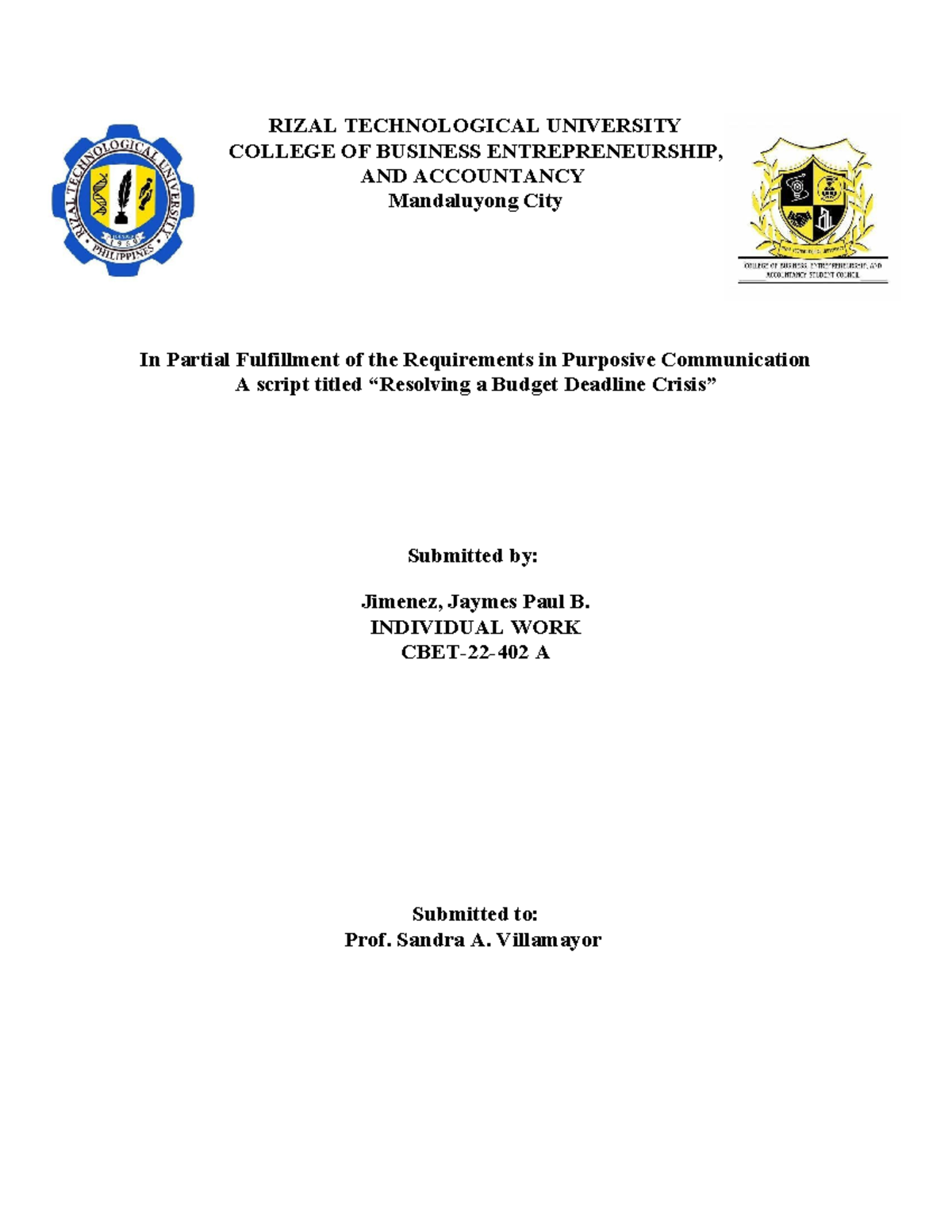 Purcom (Course Code: PURCOM) Script: Resolving a Budget Deadline Crisis ...