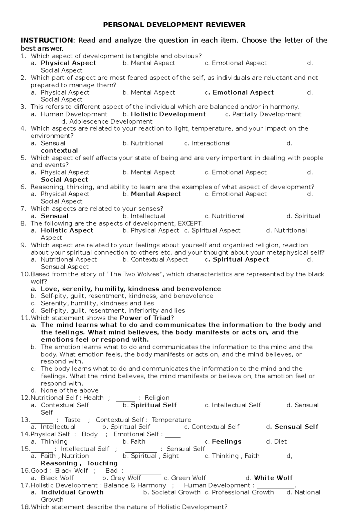 NAT Perdev Reviewer - PERSONAL DEVELOPMENT REVIEWER INSTRUCTION: Read ...