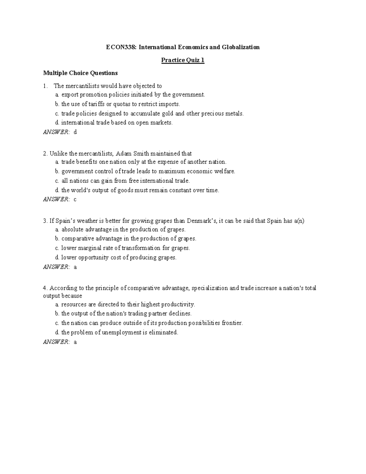 Practice Quiz 1 Spr2025 (with solutions) - ECON338: International ...