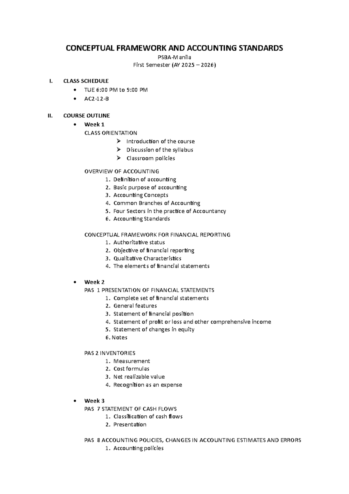 Course Outline: Conceptual Framework & Accounting Standards (1st Sem AY ...
