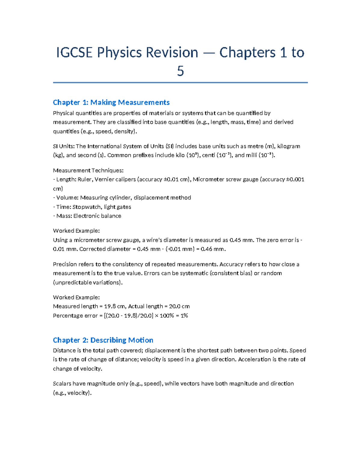 IGCSE Physics Revision: Chapters 1-5 Overview and Key Concepts - Studocu