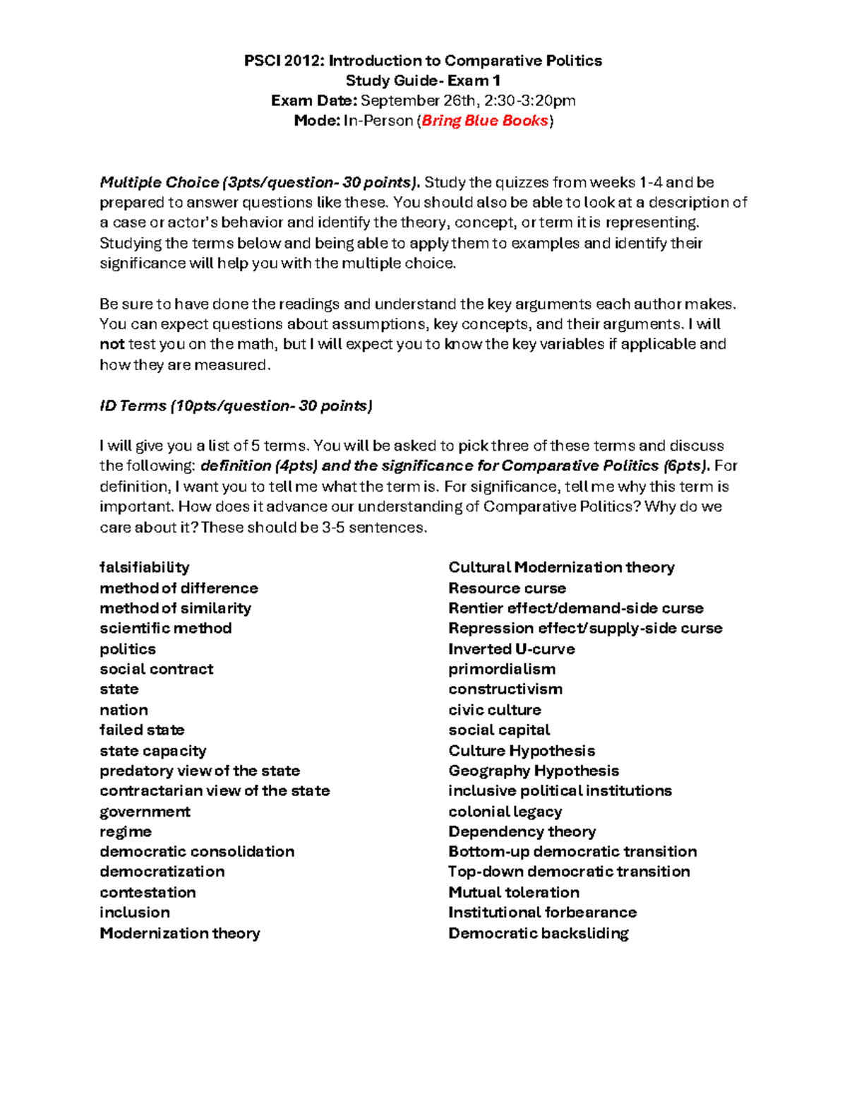 PSCI 2012: Study Guide for Comparative Politics Exam 1 - Studocu