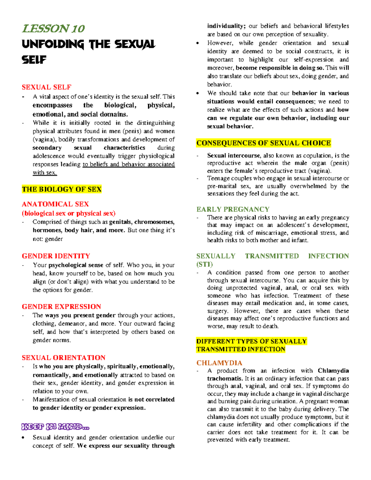 Lesson 10: Understanding Sexual Identity and Health Risks - Studocu