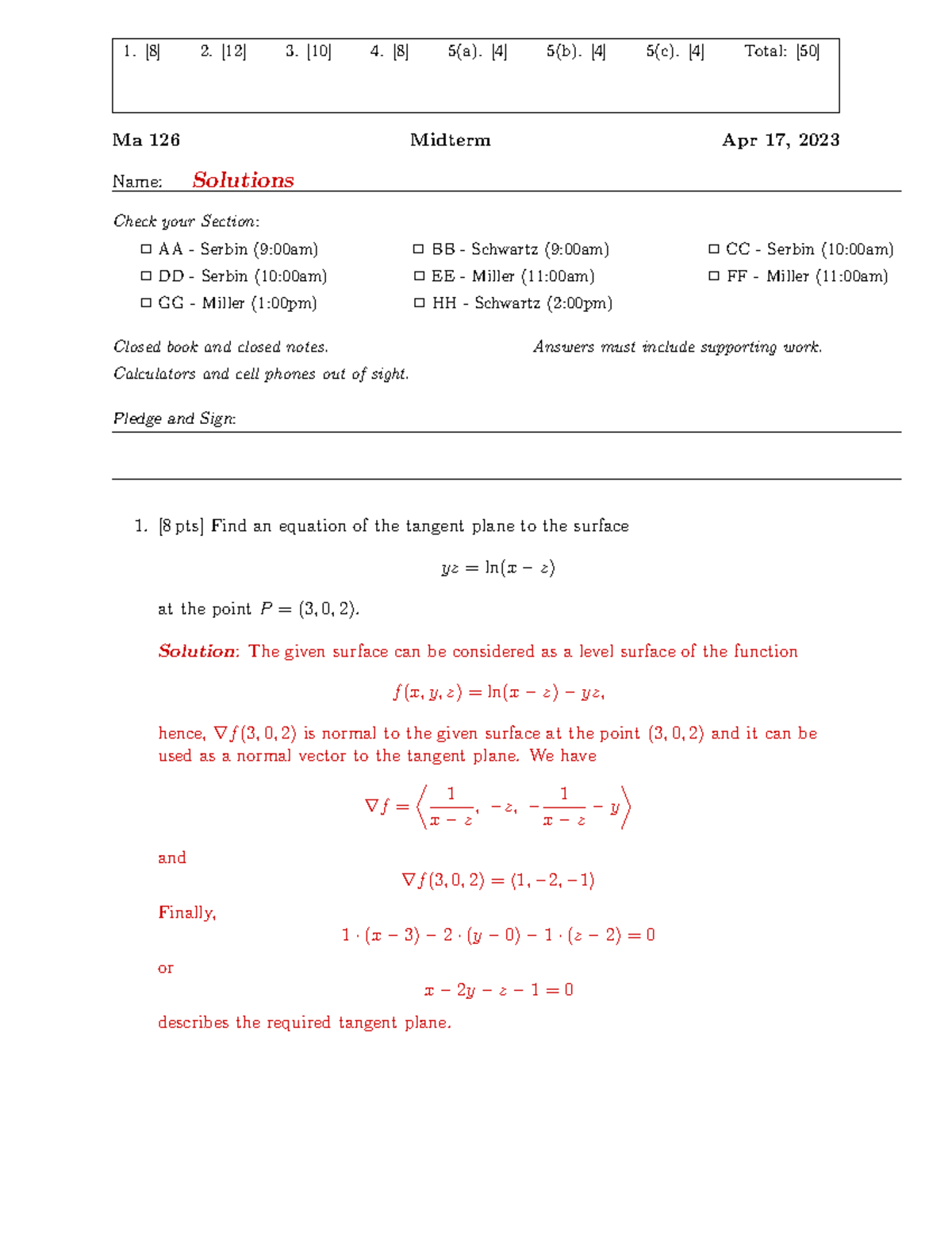 MA-126 Midterm Exam Practice Problems Solutions - April 2023 - Studocu
