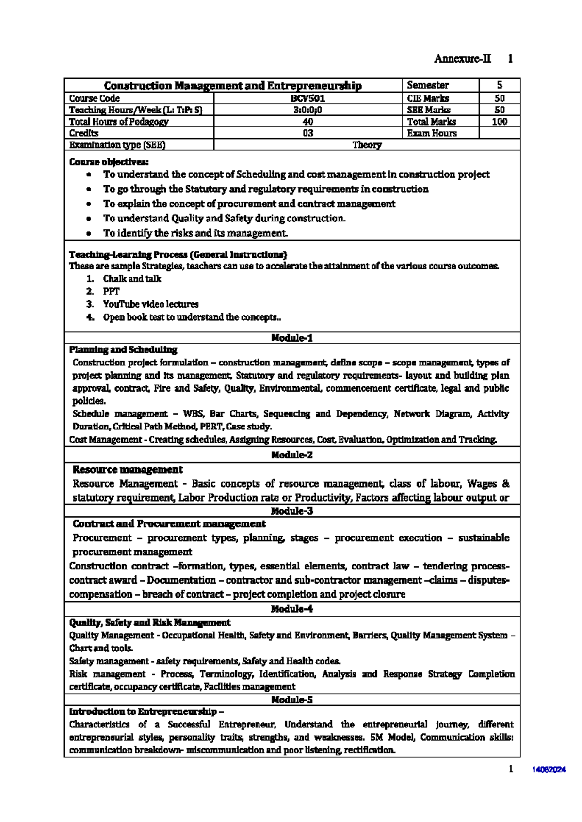 BCV501 Construction Management & Entrepreneurship Syllabus Overview ...
