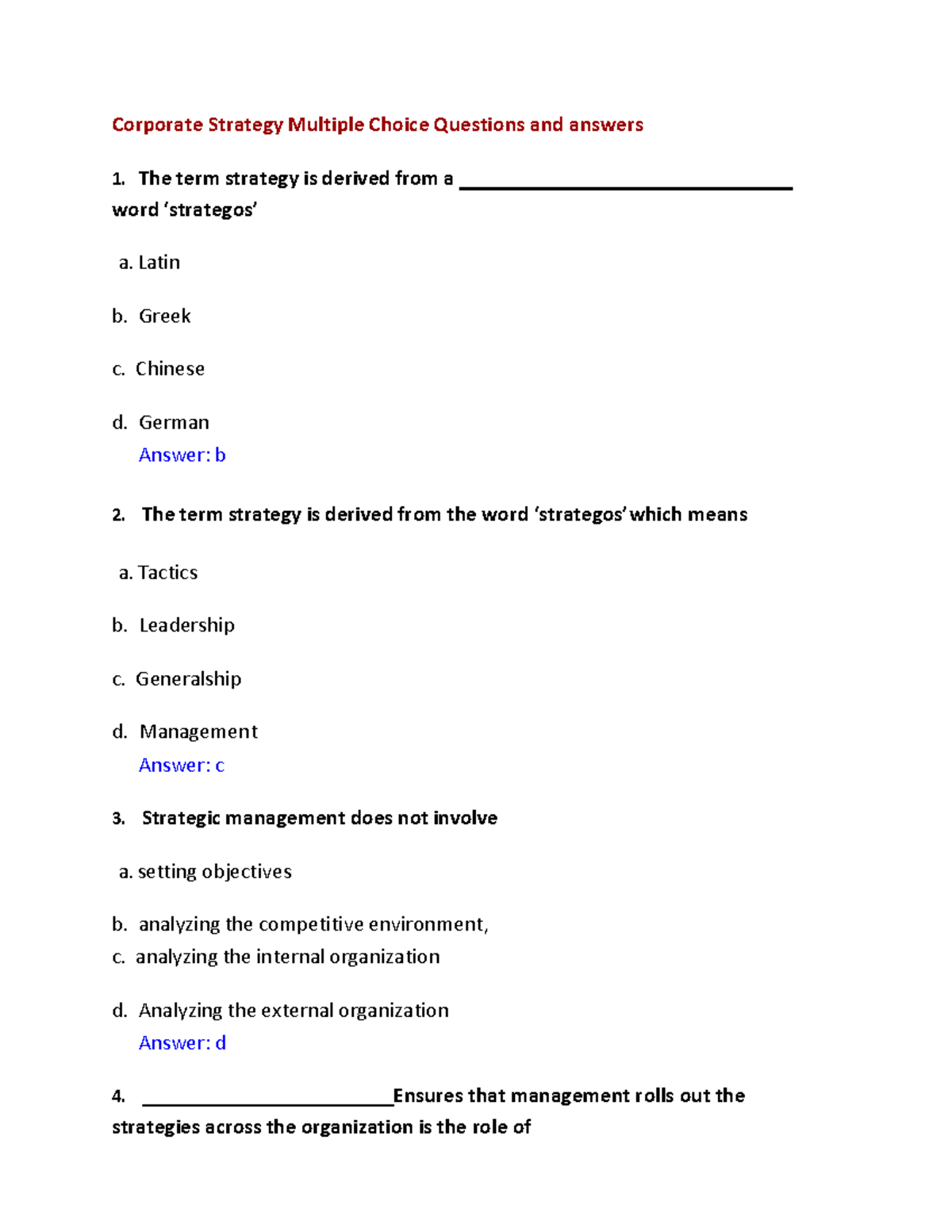 Corporate Strategy MCQs: Key Concepts and Answers for Exam Prep - Studocu