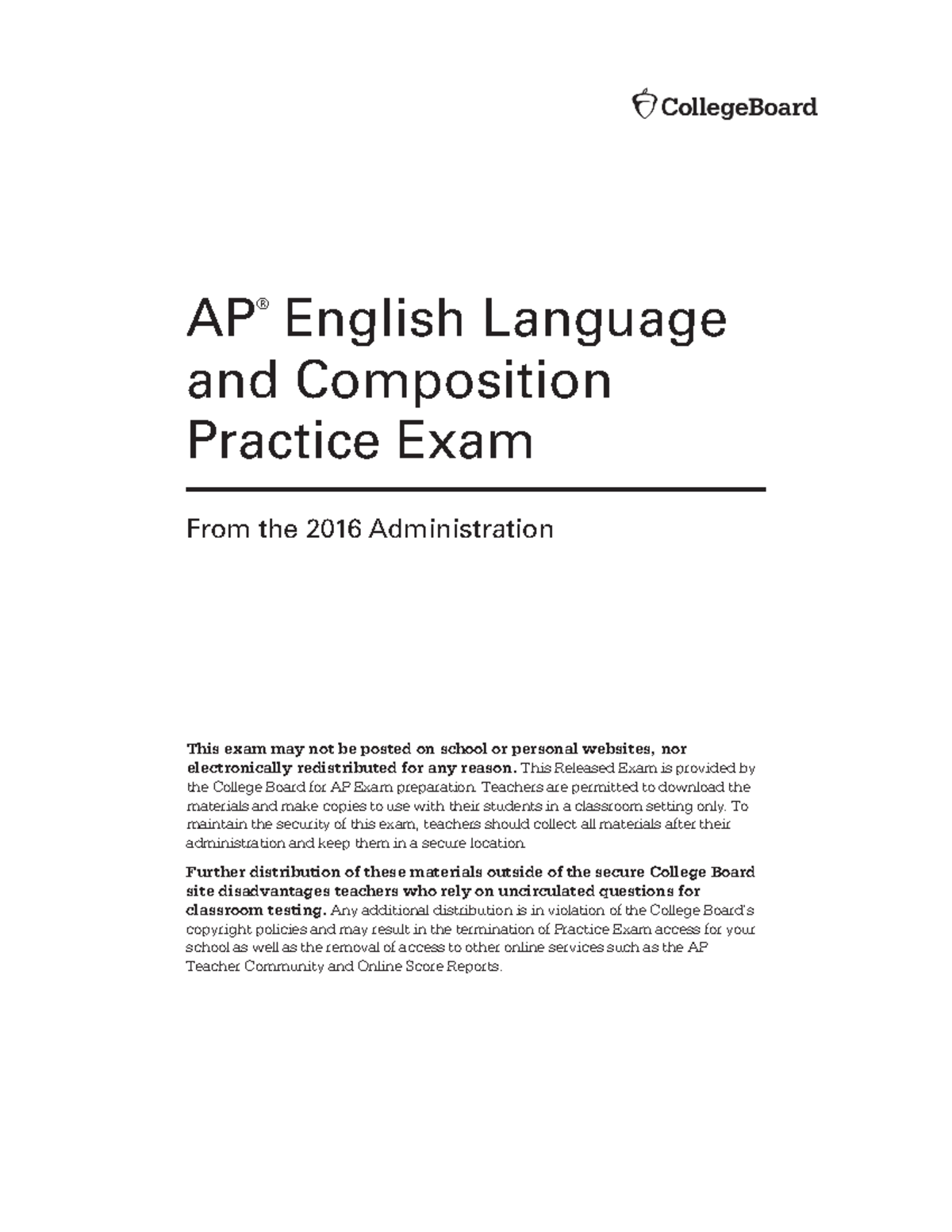 AP Lang 2016 - Practice Exam with MCQ & Free-Response Questions - Studocu