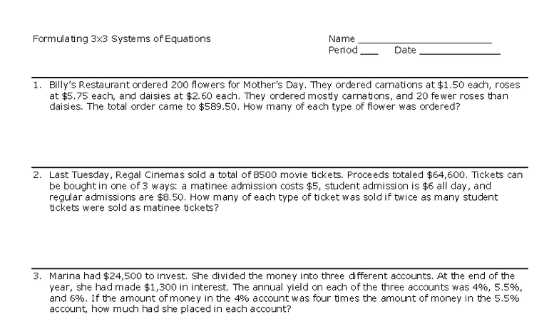 Formulating & Solving 3x3 Systems of Equations WS - Studocu