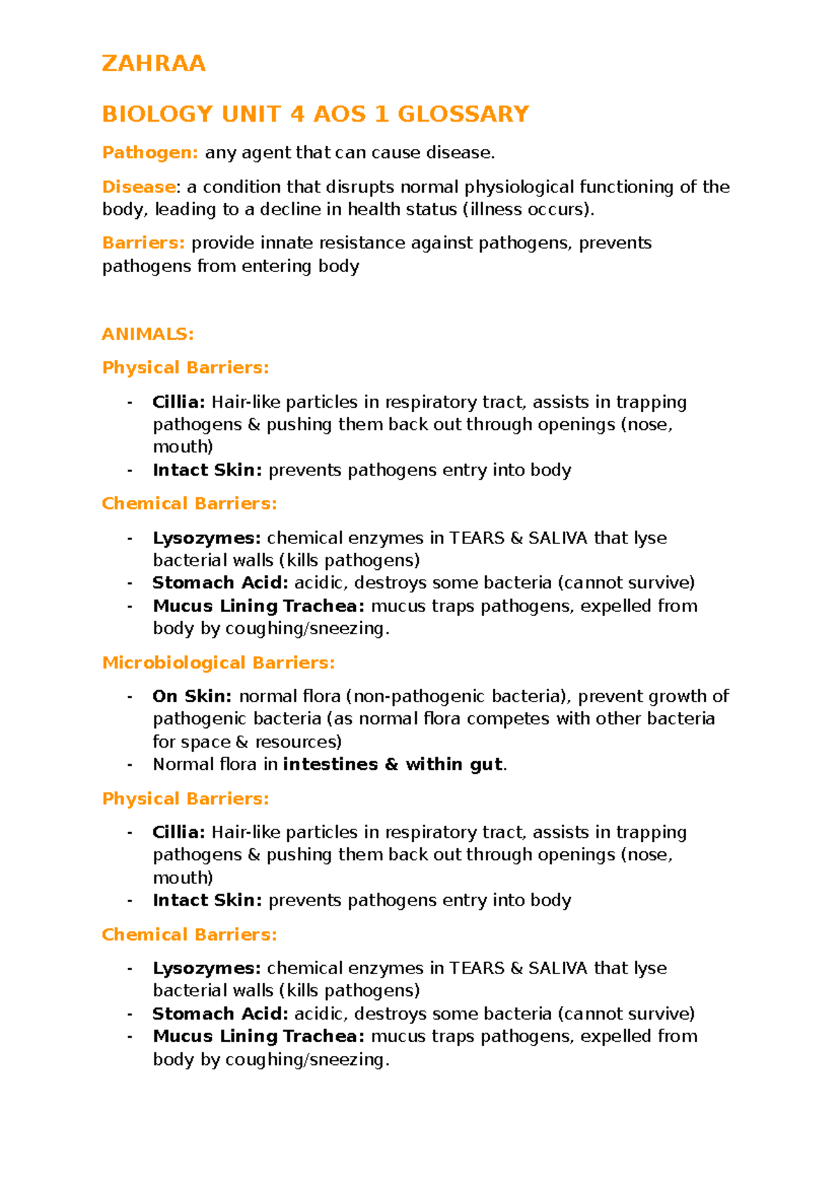 Biology UNIT 4 AOS 1: Pathogens and Immune Responses Glossary - Studocu