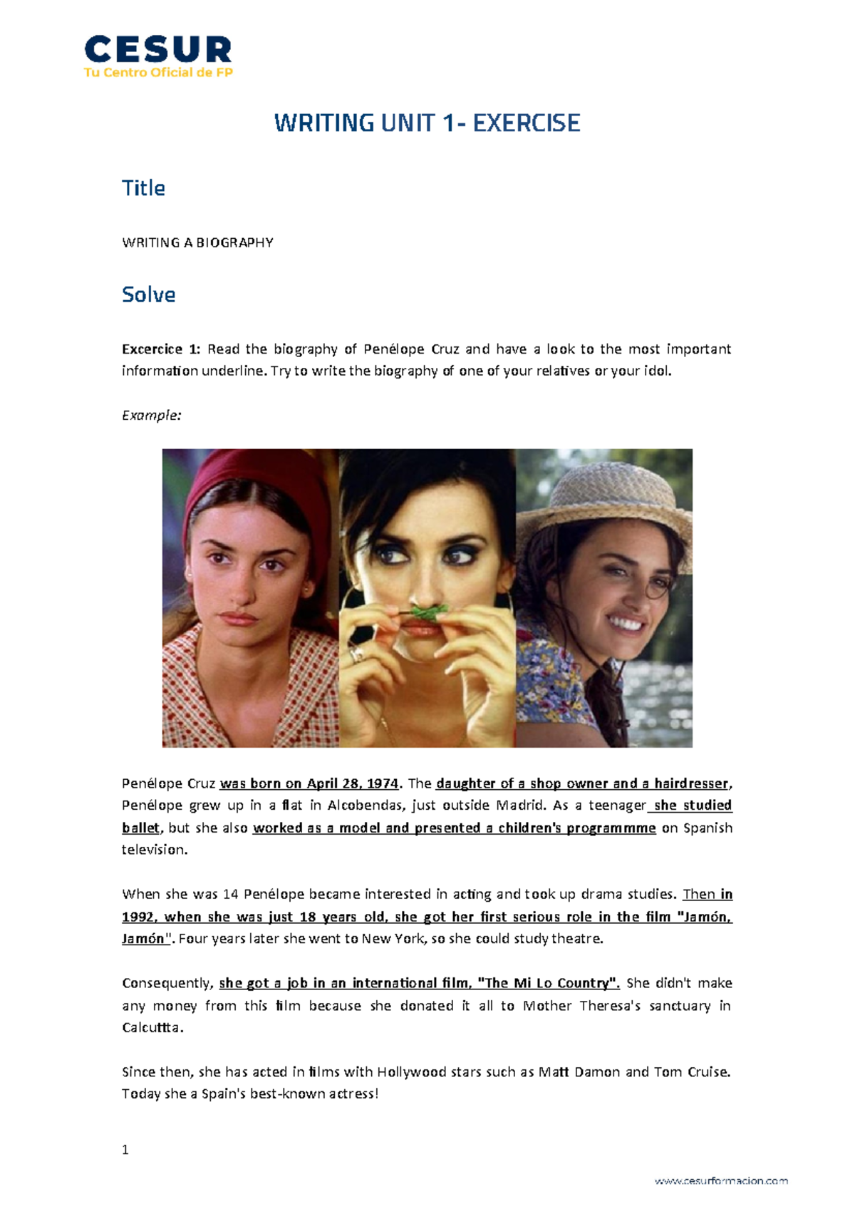 Writing 1 UD1 - economia - WRITING UNIT 1 - EXERCISE Title WRITING A ...