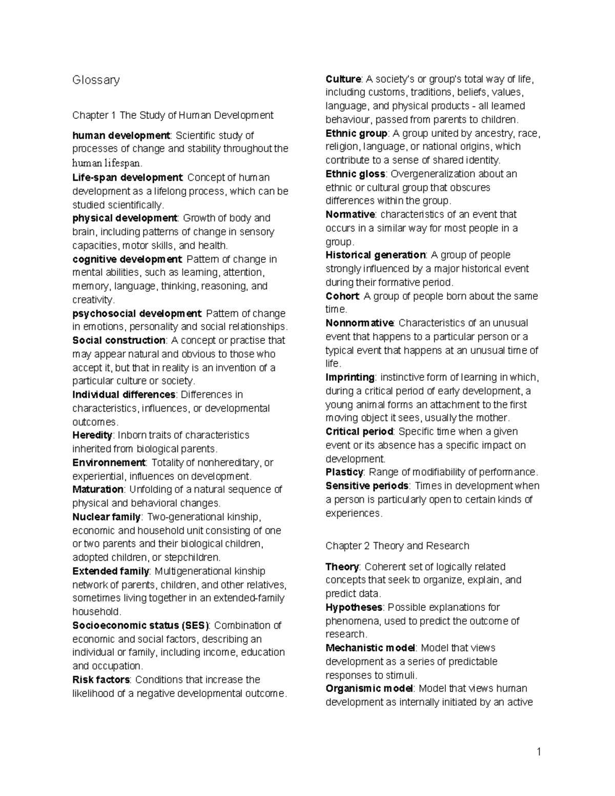 Glossary of Human Development Terms - PSY 310 Lecture Notes - Studeersnel