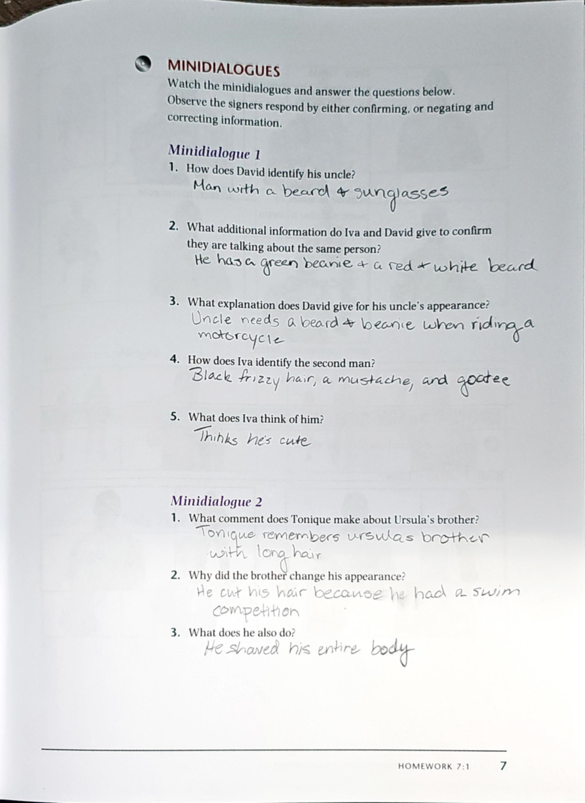 Unit 7 - Signing Naturally: Minidialogues & Homework Activities - Studocu