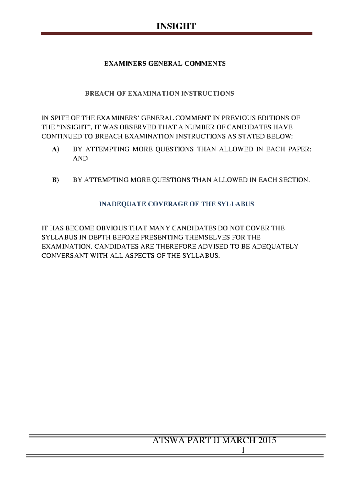 ATSWA PART II MARCH 2015 - EXAMINERS GENERAL COMMENTS & EXAM TIPS - Studocu