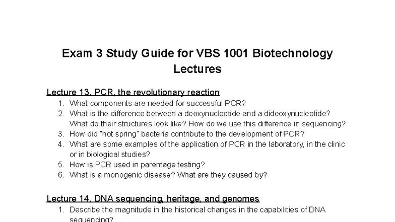 Exam 3 Study Guide for VBS 1001: Biotechnology Lectures & Labs - Studocu