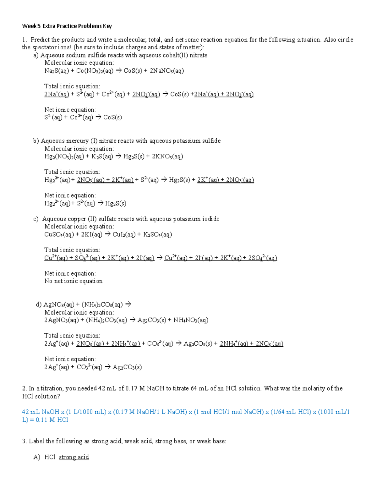 Week 5 Extra Practice Problems Key: Ionic Reactions & Titration ...