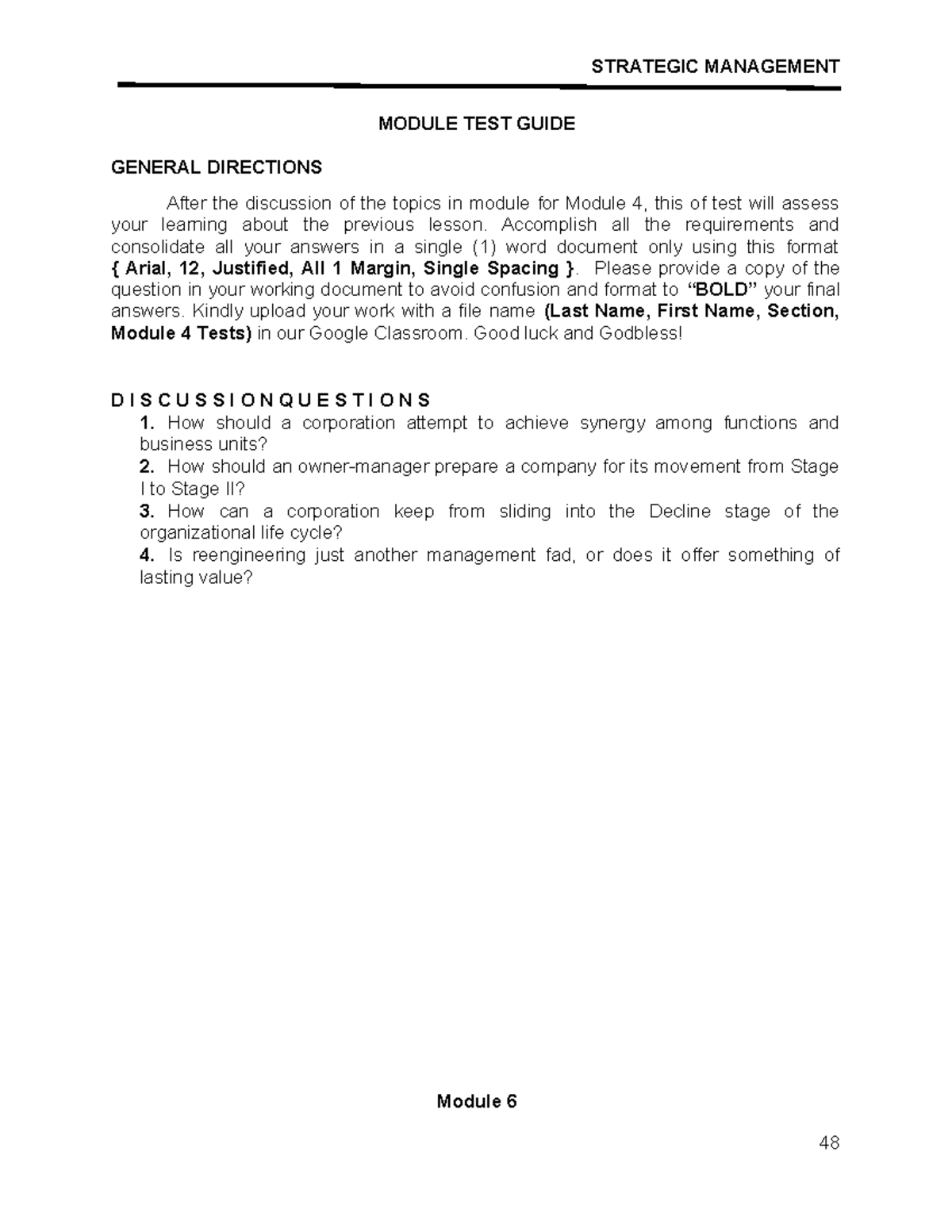 STRATEGIC MANAGEMENT MODULE 4 TEST GUIDE AND DIRECTIONS - Studocu