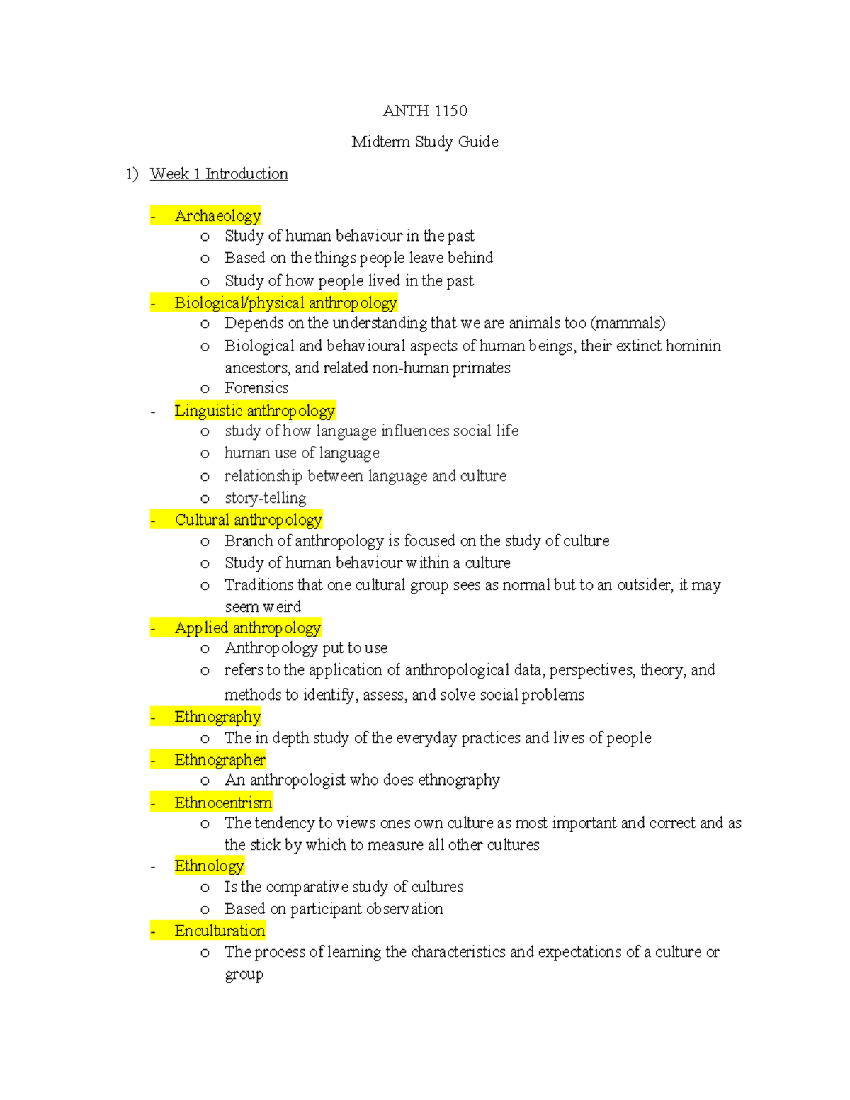 ANTH 1150 Midterm Study Guide: Key Concepts in Anthropology - Studocu