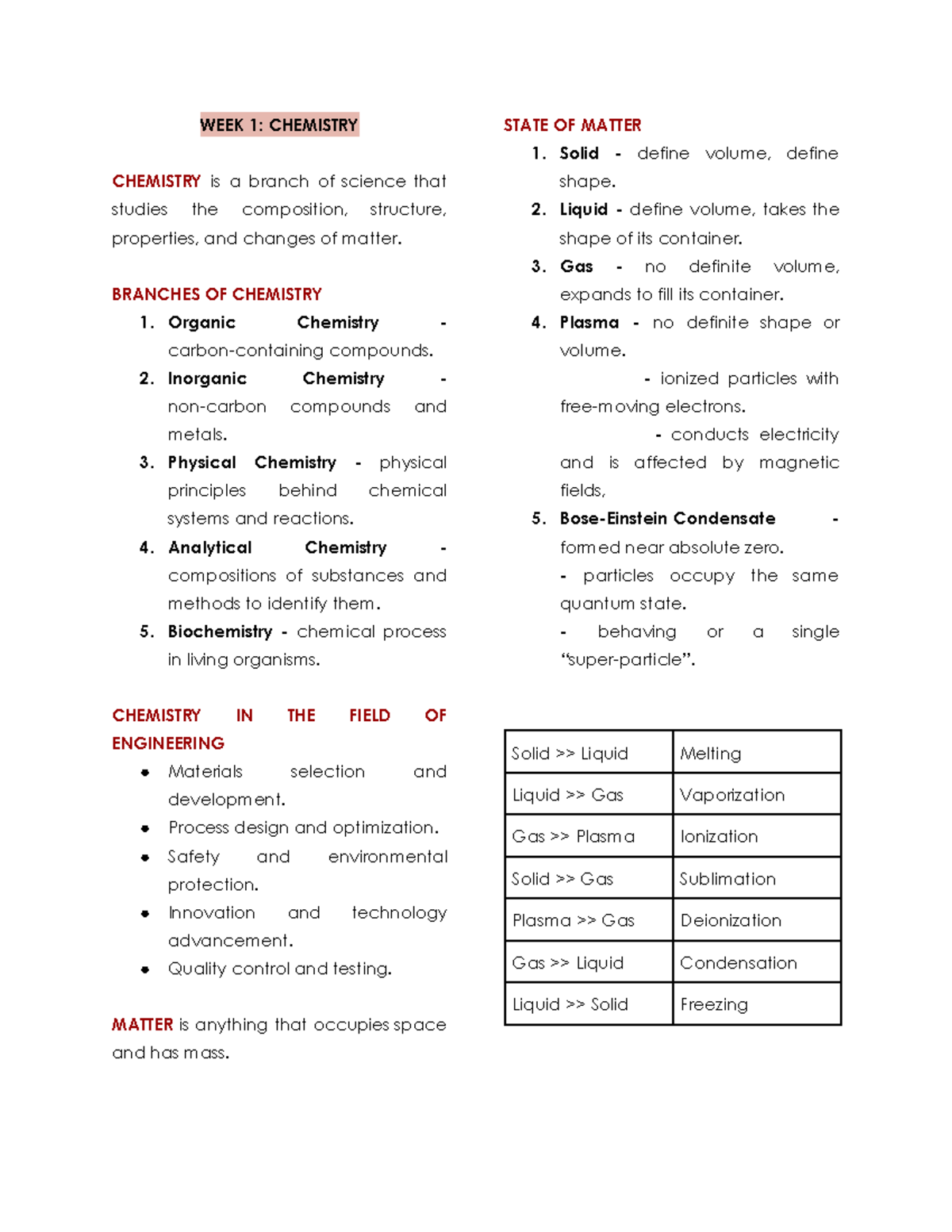CHEM211 - Week 1: States of Matter and Properties of Chemistry - Studocu