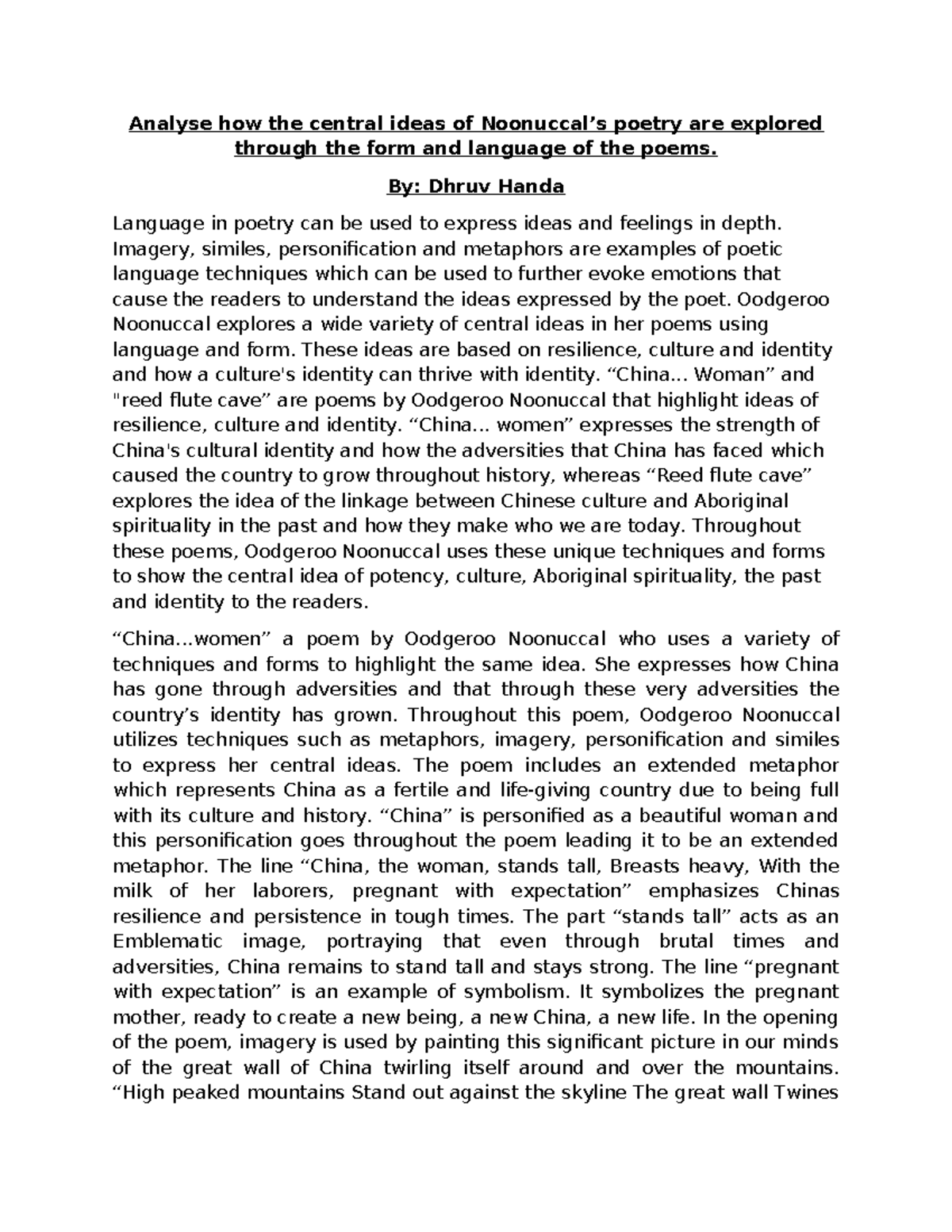 Analysis of Central Ideas in Oodgeroo Noonuccal's Poetry - Studocu