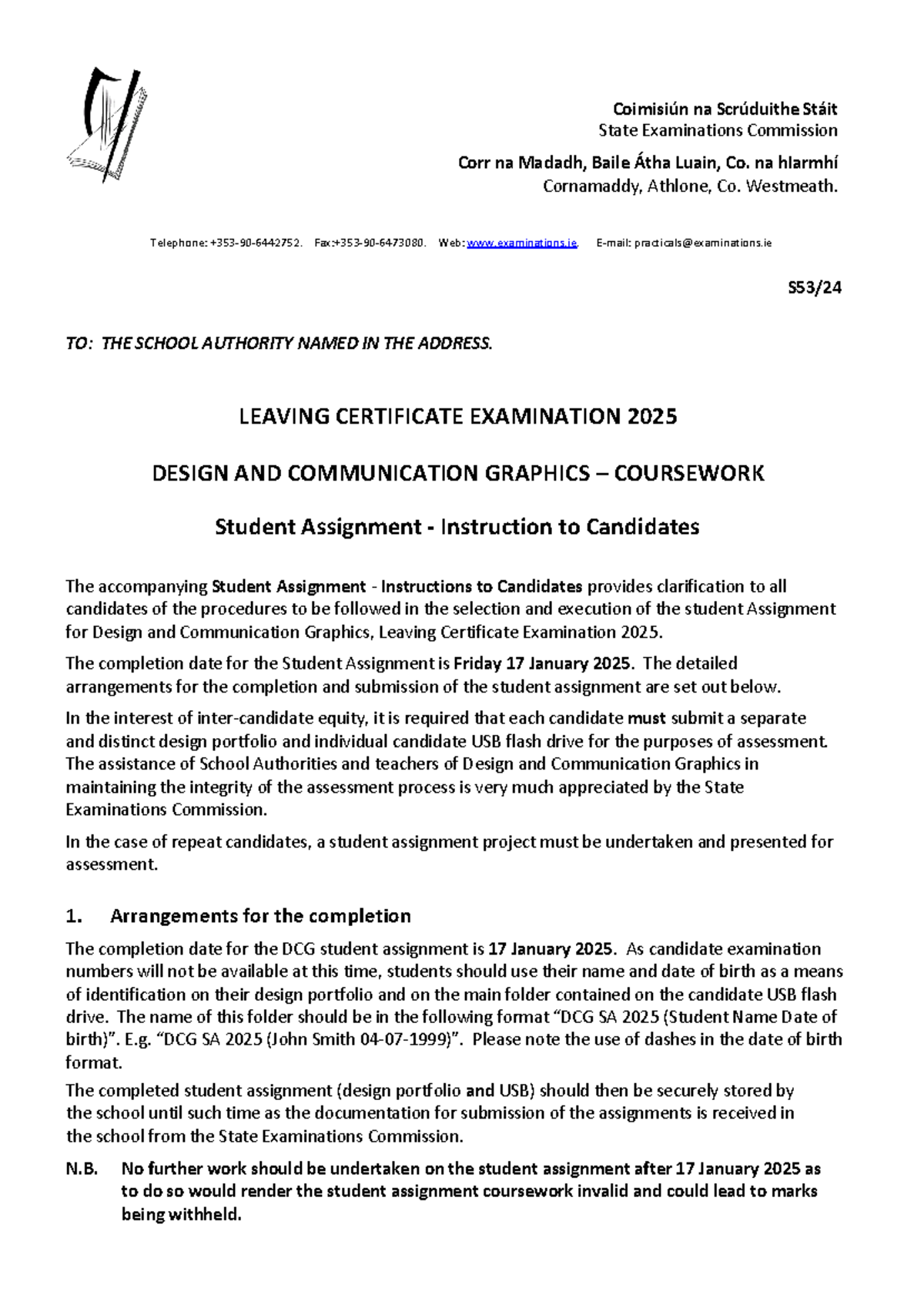 S53.24 DCG Student Assignment Instructions for Leaving Cert 2025 - Studocu