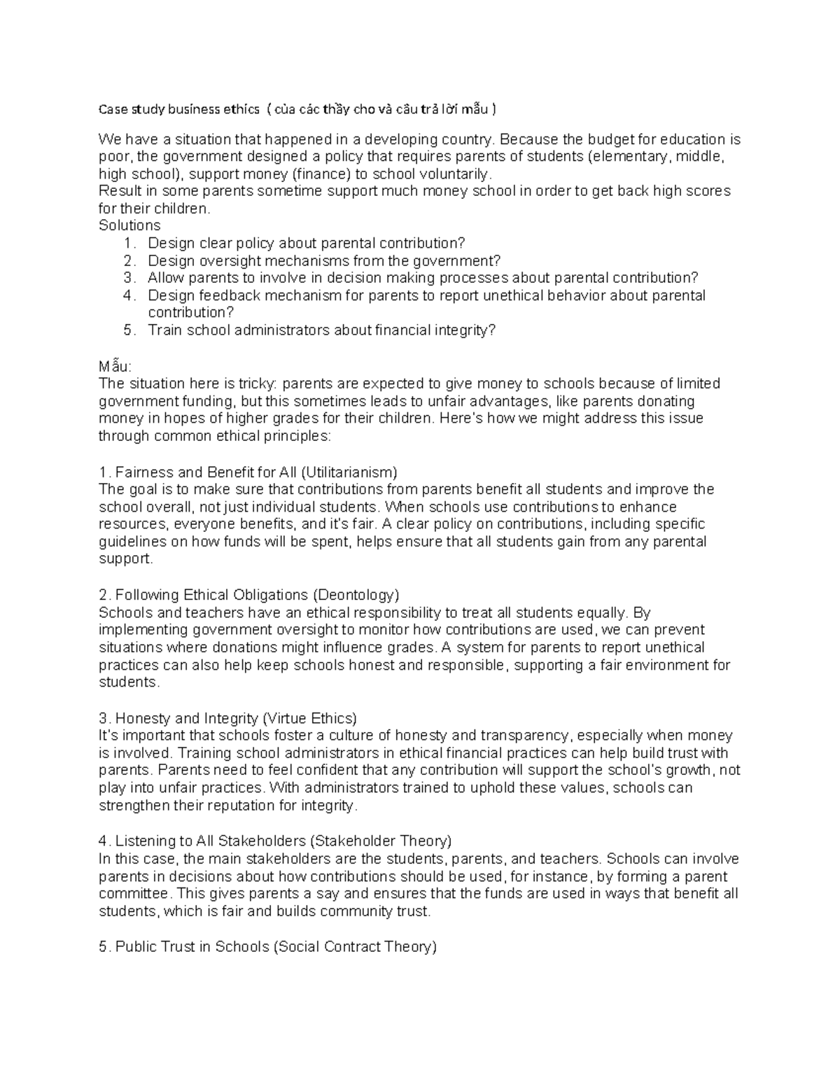 Case Study: Business Ethics in Parental Contributions and Education ...