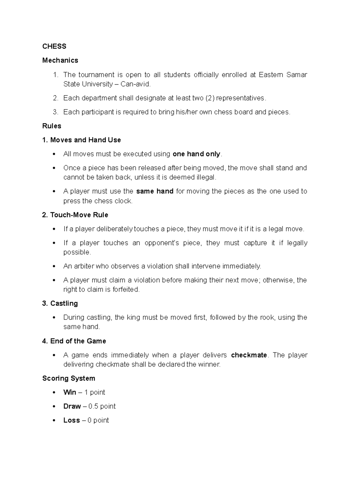 CHESS Mechanics: Tournament Rules and Scoring System - Studocu