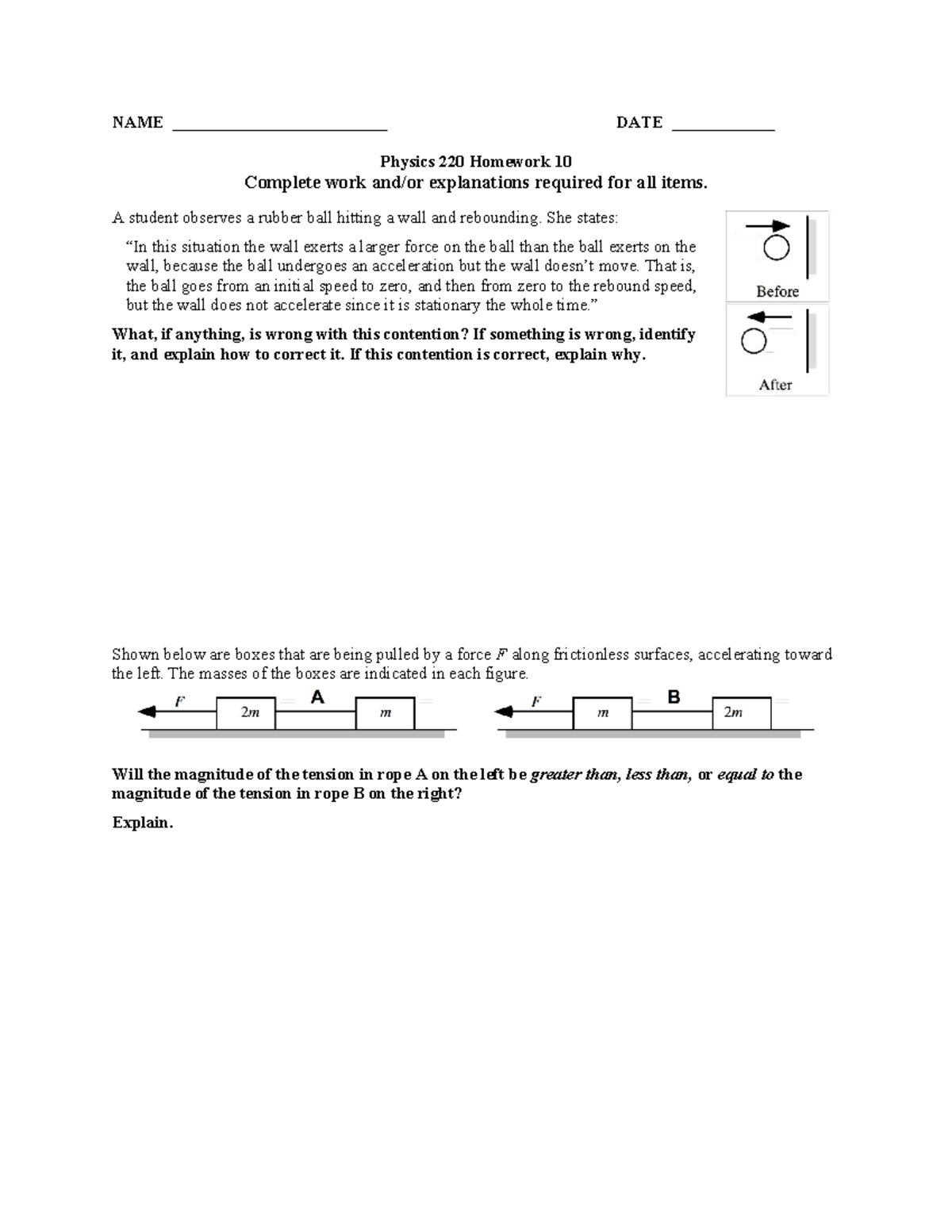 Physics 220 Homework 10: Force and Acceleration Analysis - Studocu