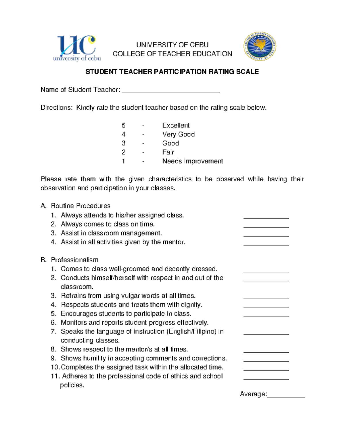 Student Teacher Participation Rating Scale - Teacher Education Program ...