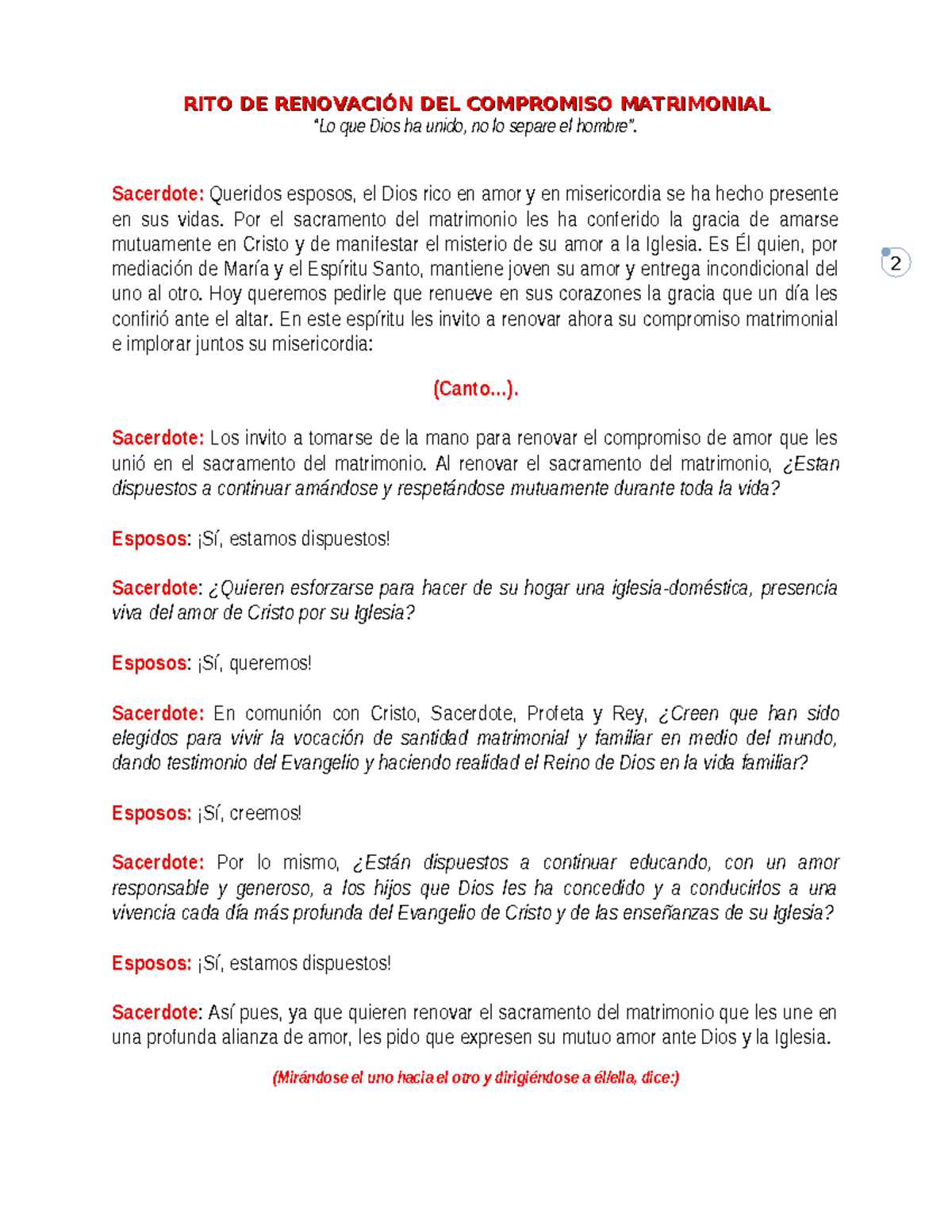 RITO DE RENOVACIÓN DEL COMPROMISO MATRIMONIAL en Cristo - Studocu