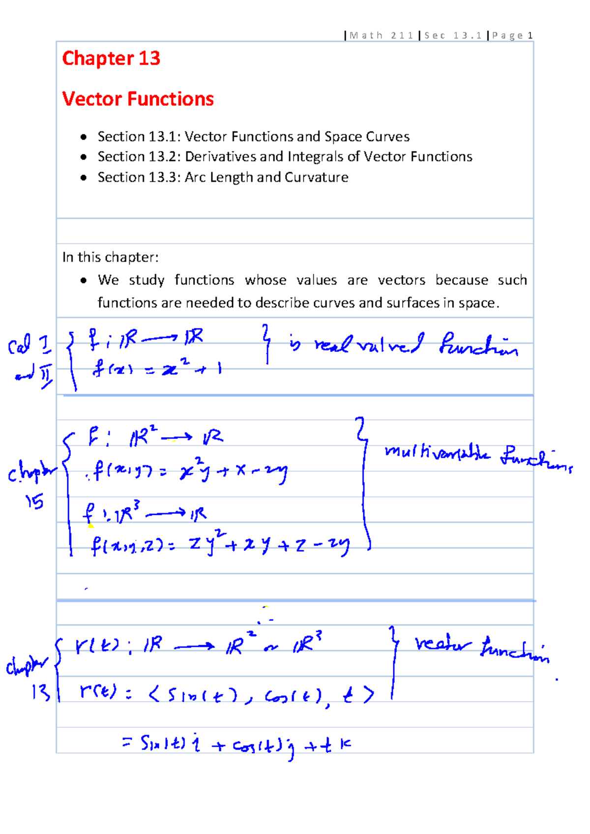 Chapter 13: Vector Functions, Derivatives, and Arc Length Solutions ...