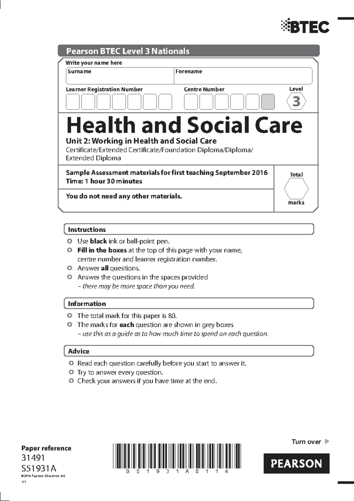 BTEC Level 3 Health & Social Care Unit 2: Sample Assessment Materials ...