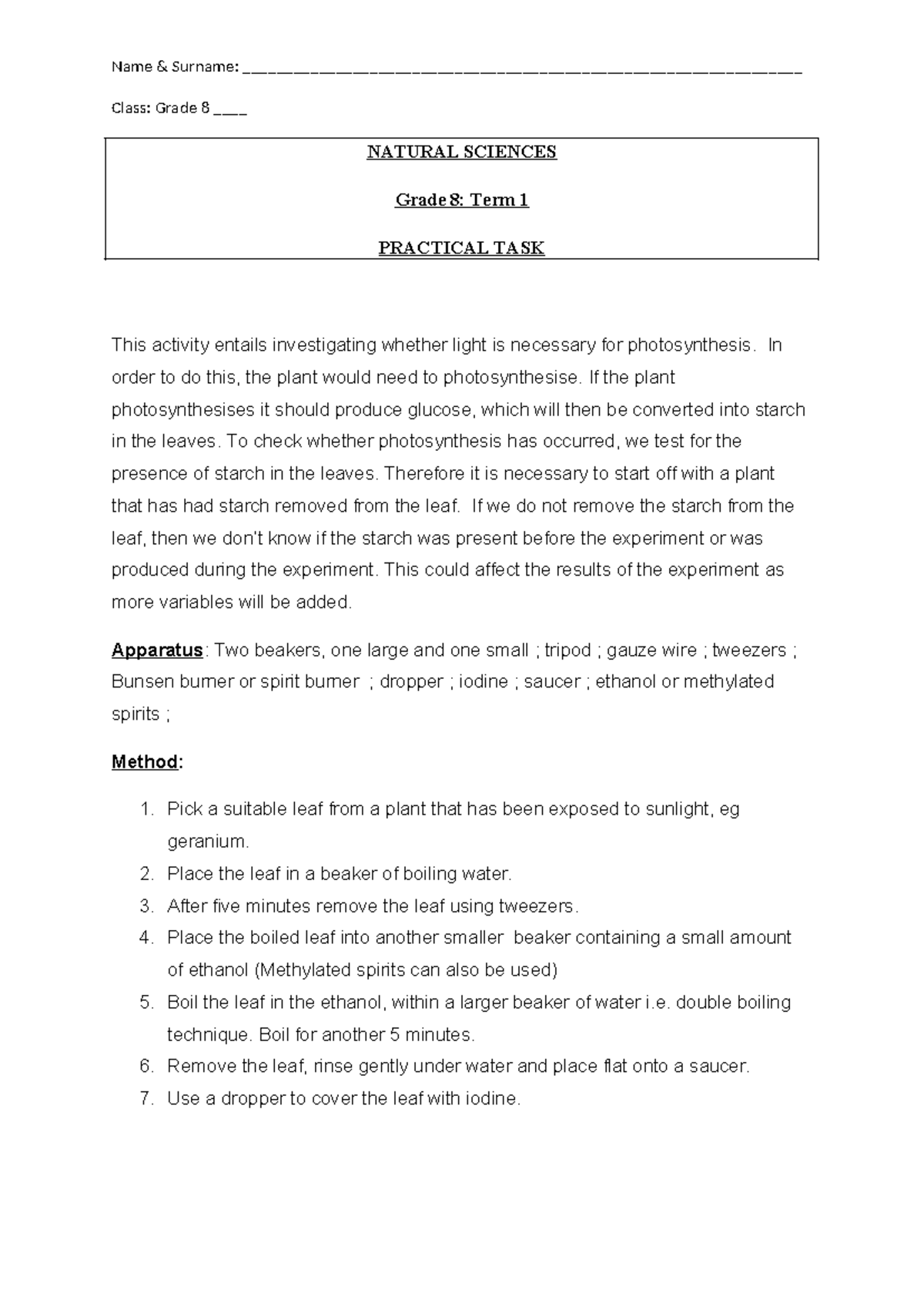 Grade 8 NATURAL SCIENCES Term 1 Practical Task on Photosynthesis - Studocu