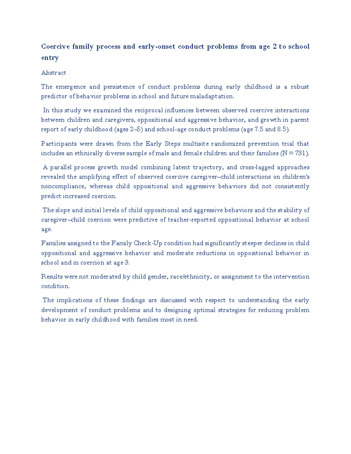 Coercive Family Processes & Early-Onset Conduct Problems (Ages 2-5 ...