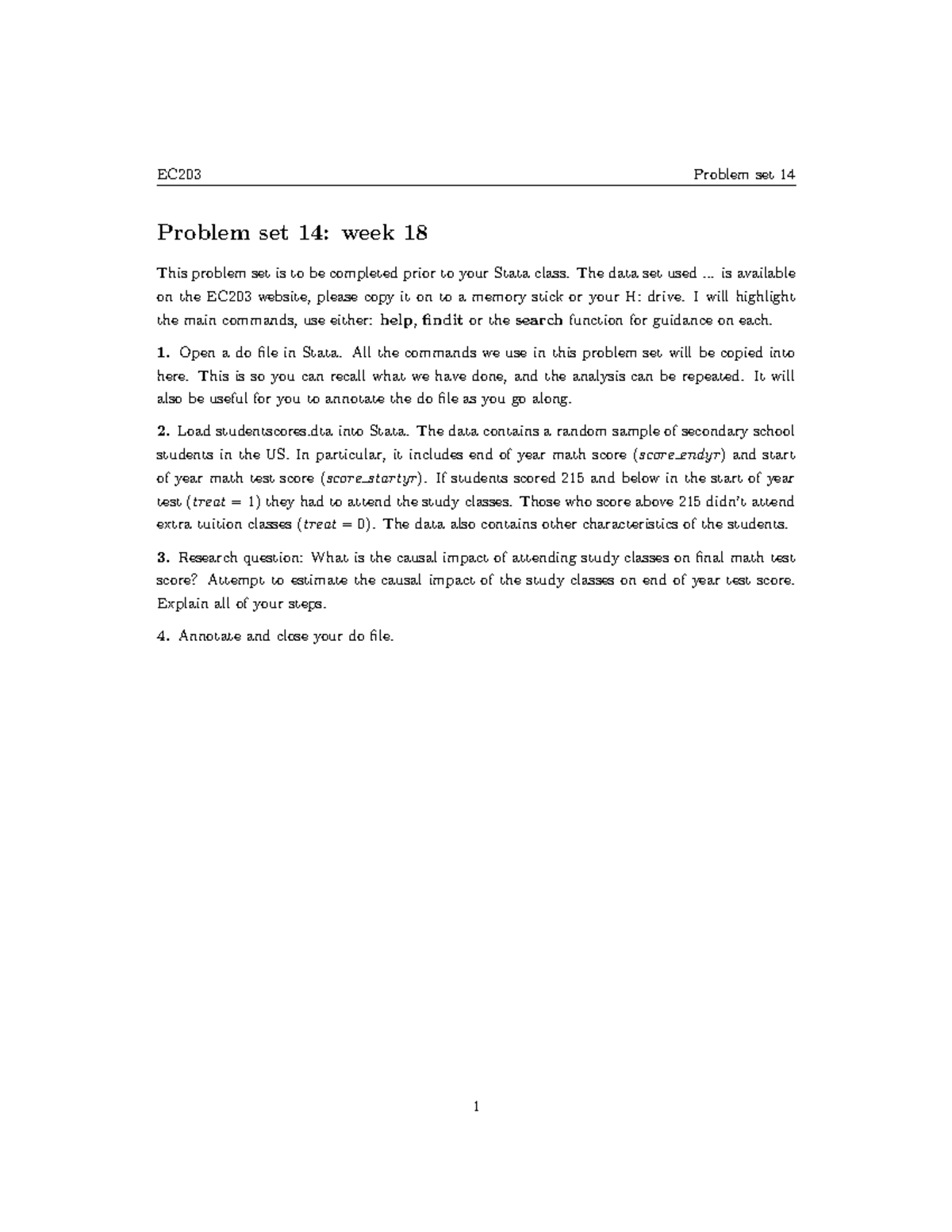 EC203 Problem Set 14: Analyzing Study Class Impact on Scores - Studocu