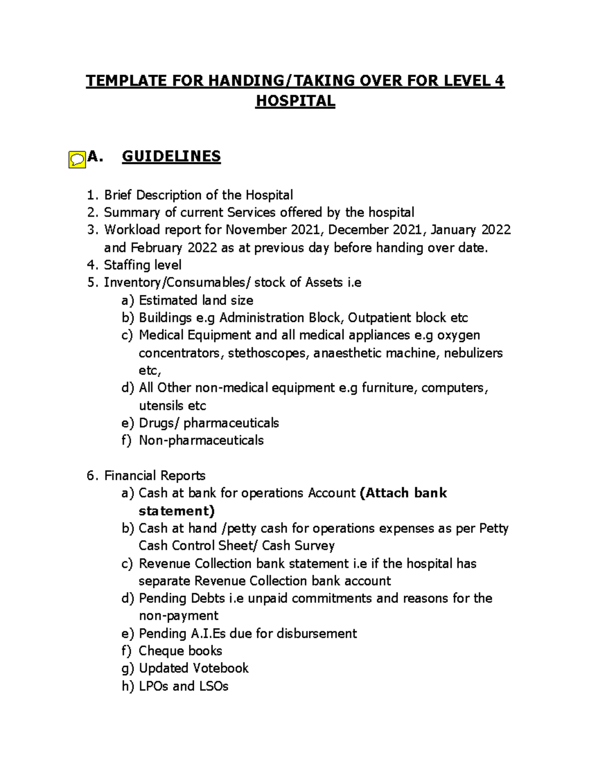 Level 4 Hospital Handing Over Guidelines and Inventory Checklist - Studocu