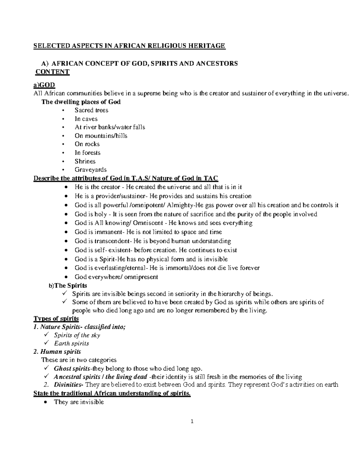 Form 1 A.T.R Notes: Exploring African Religious Heritage and Beliefs ...