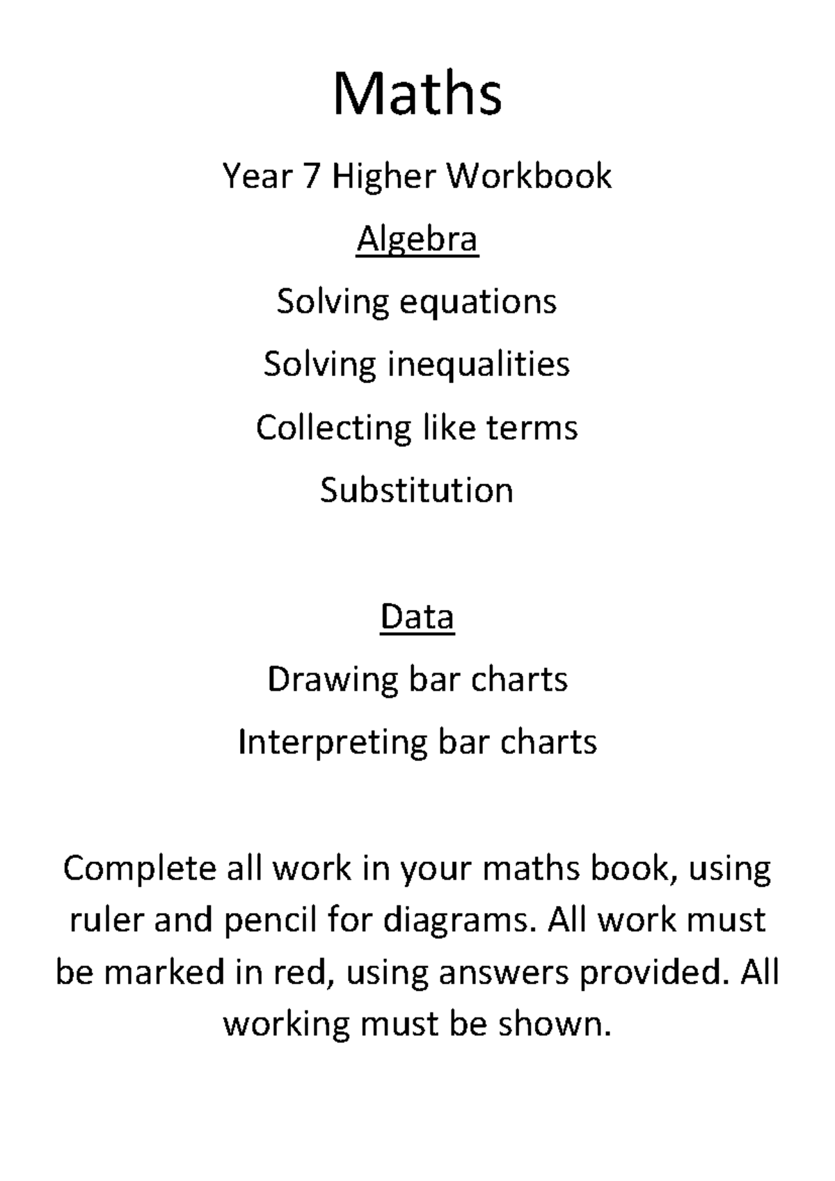 7H Maths Workbook: Algebra, Bar Charts & Inequalities Practice Qns ...