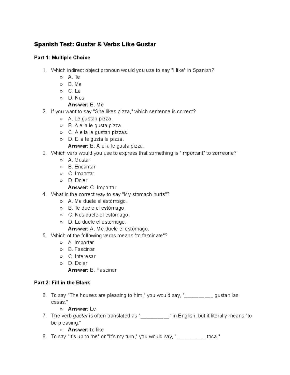 Gustar- Teaching students how to use it - Spanish Test: Gustar & Verbs ...