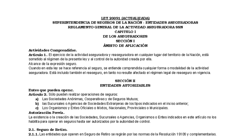 Reglamento General de la Actividad Aseguradora - Ley 20091 - Studocu