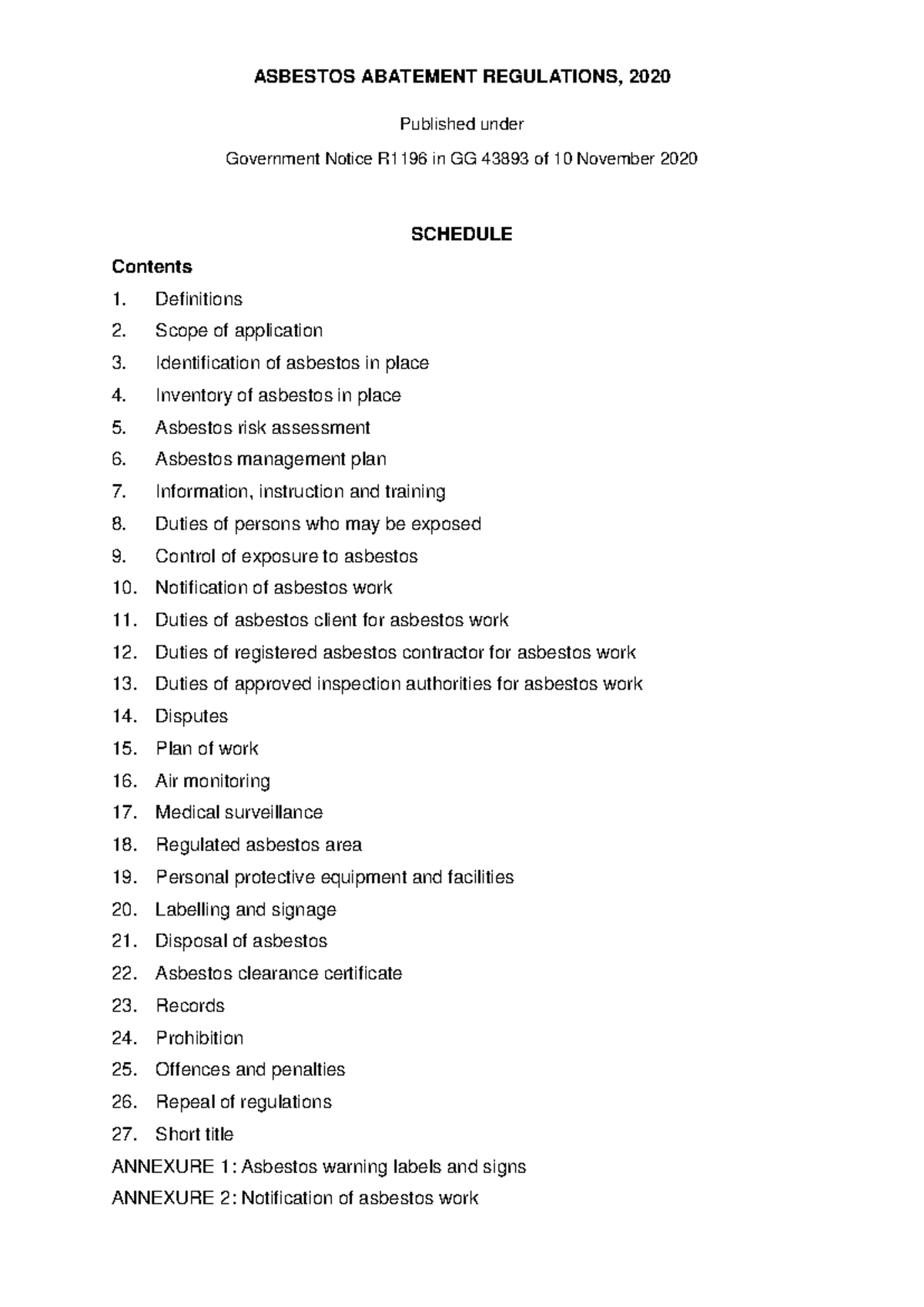 2020 Asbestos Abatement Regulations - Government Notice GG43893 - Studocu