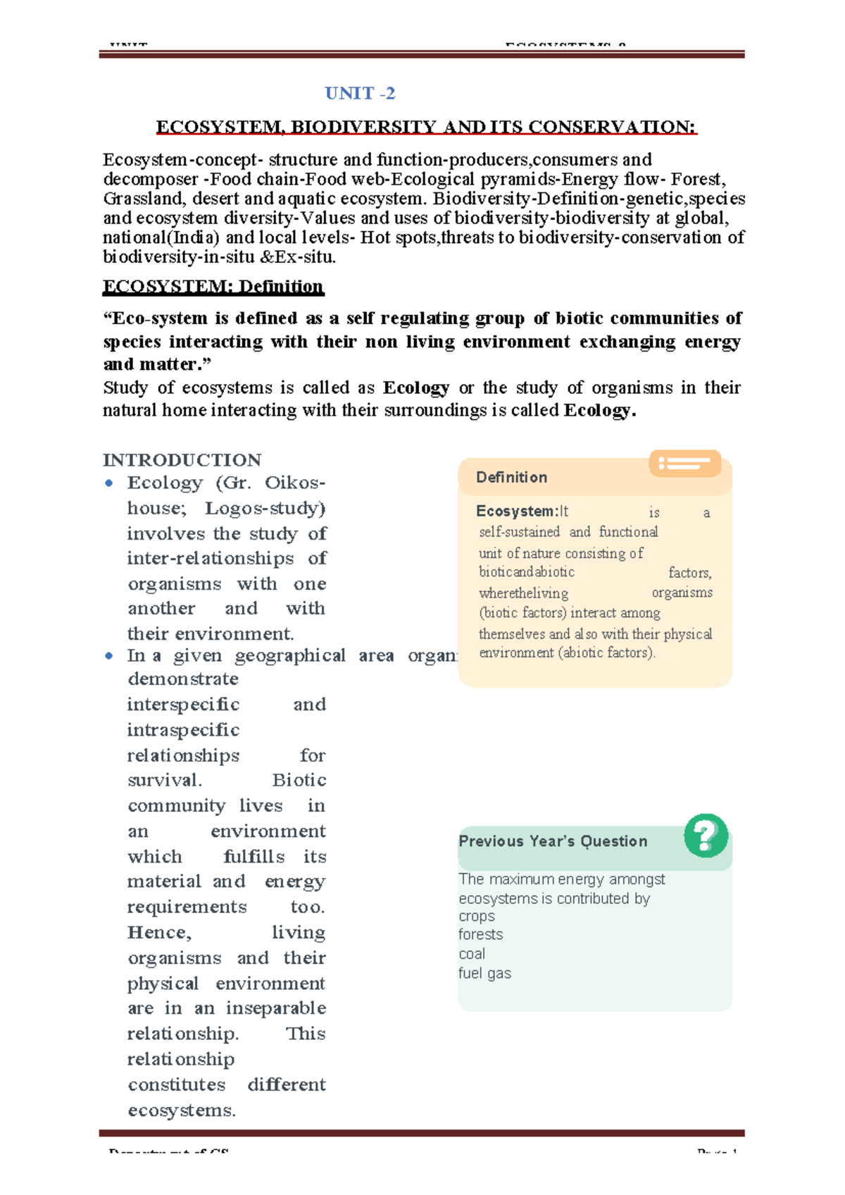 ECO 101: Ecosystems, Biodiversity, and Conservation Overview - Studocu