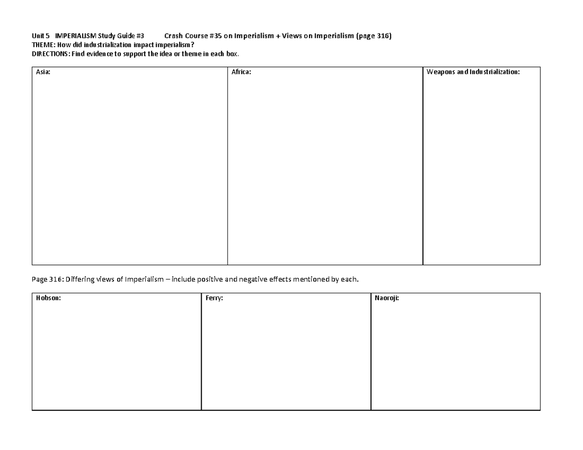 Imperialism SGs 3-4 2022 - Unit 5 IMPERIALISM Study Guide # 3 Crash ...