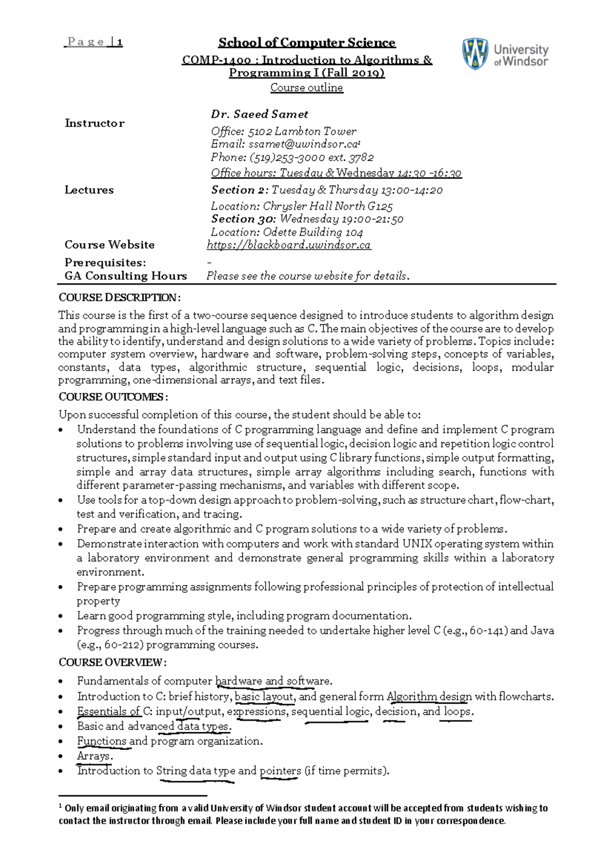 COMP1400: Course Outline for Introduction to Algorithms Programming I ...