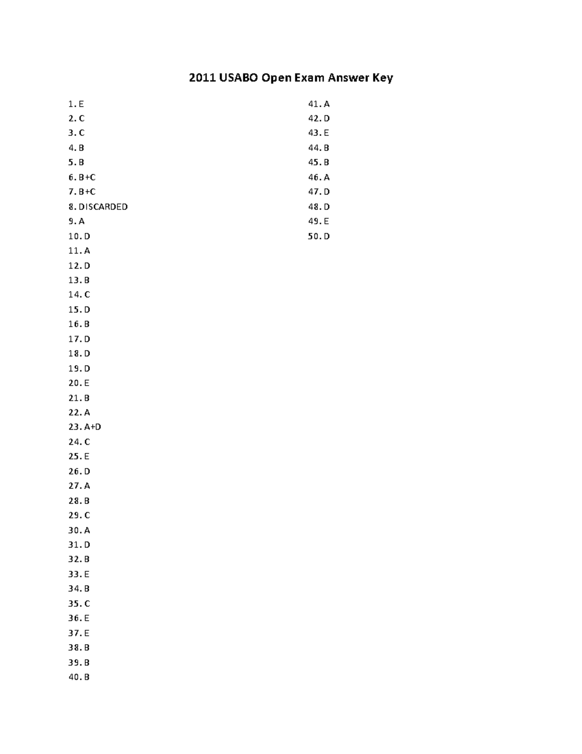 2011 USABO Open Exam Answer Key - Complete Solutions - Studocu