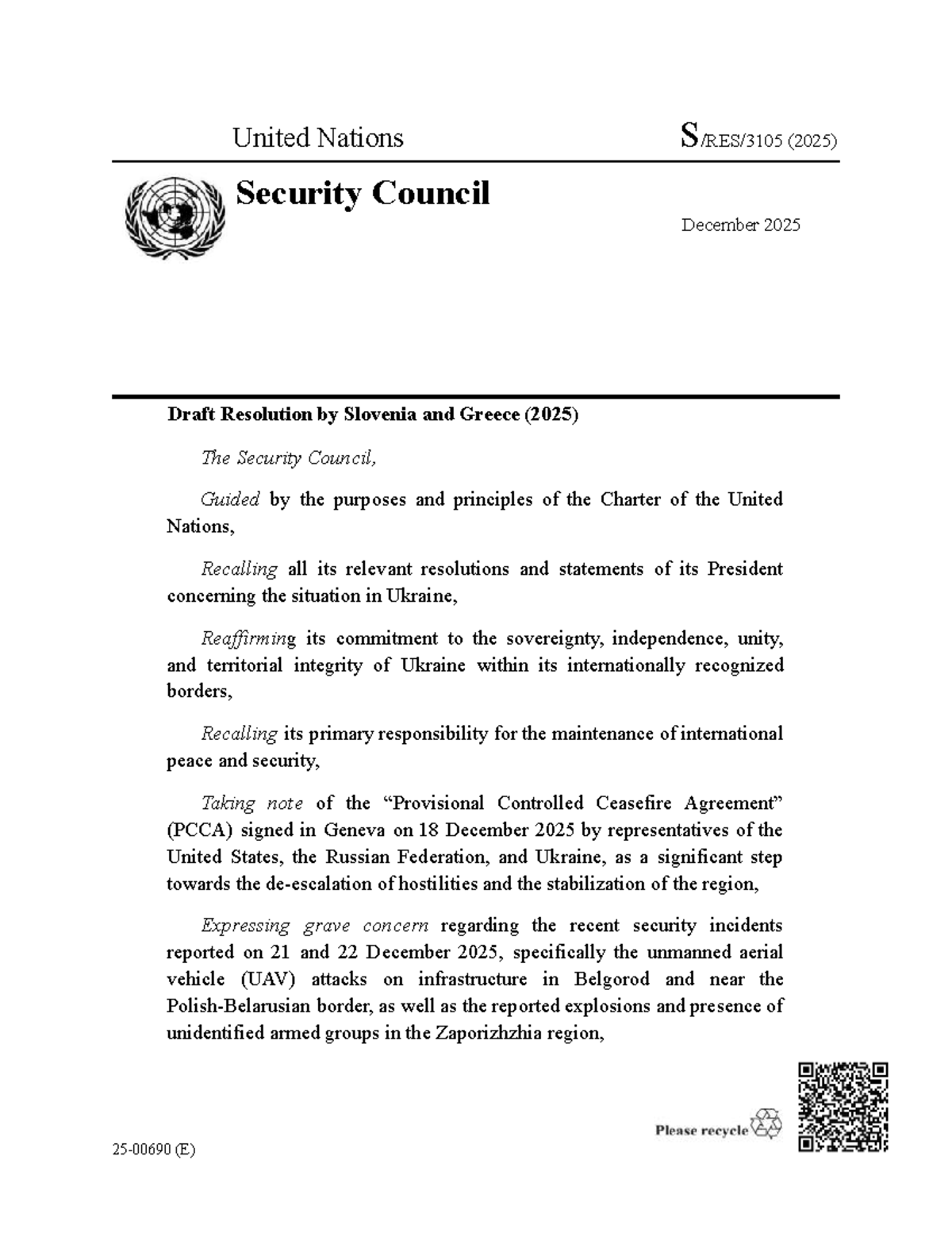 UNSC Draft Resolution on Ukraine: Slovenia & Greece (2025) - Studocu
