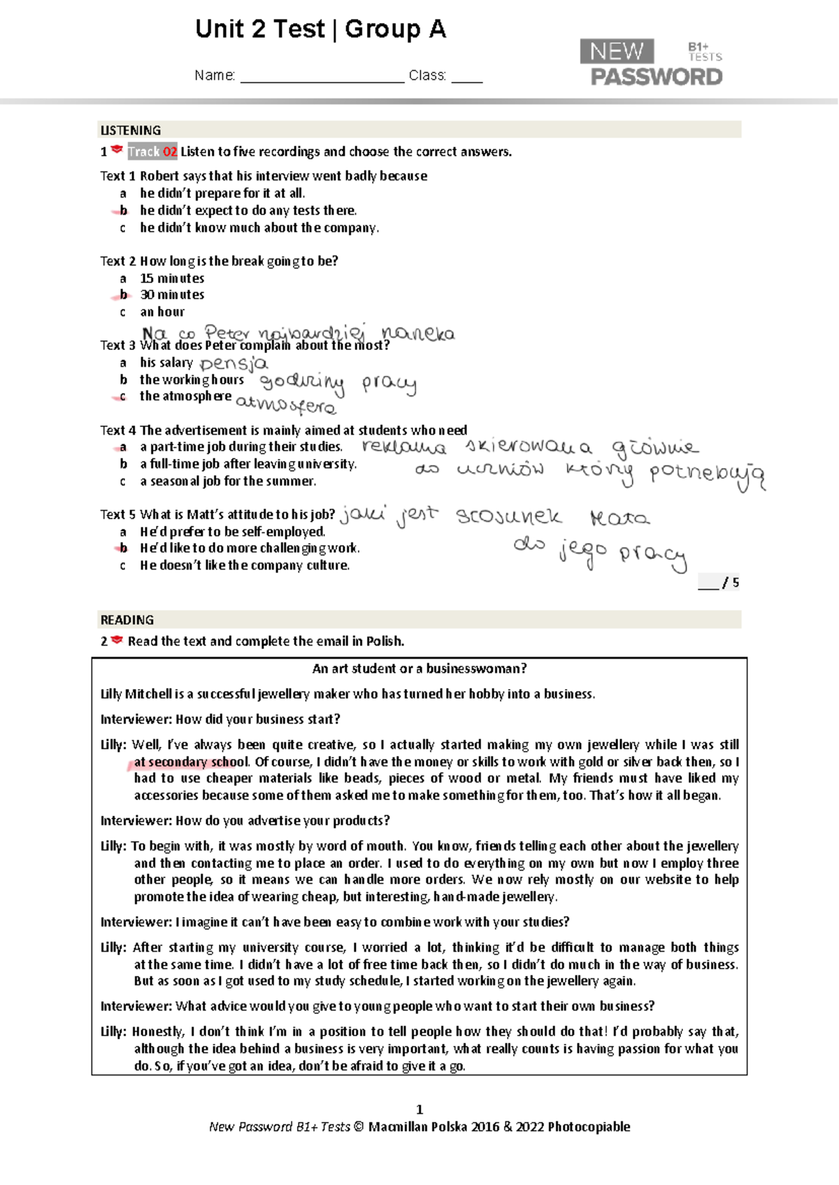 Unit 2 Test - Listening, Reading & Language Functions - B1+ UT 2A 2 ...