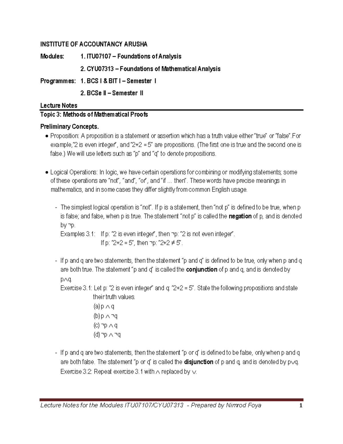 Methods of Mathematical Proofs - ITU07107 & CYU07313 Lecture Notes ...
